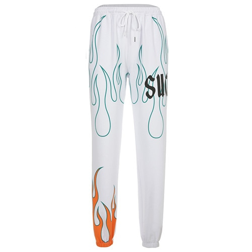 FREE SHIPPING White Flaming Fire Printed Streetwear Pants JKP3062