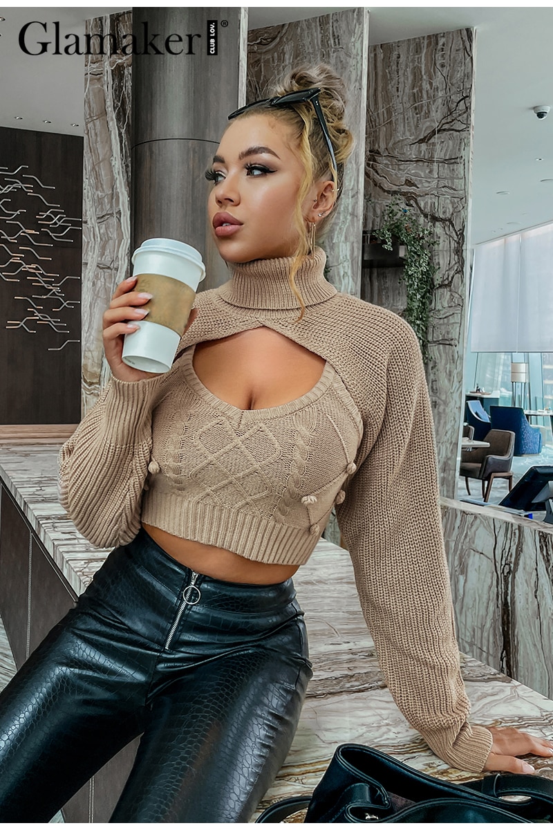 Crop Sweaters Knitted Vest Backless Midriff Hairball 2 Piece Set JKP4810